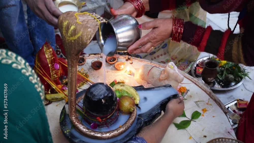 Hand of a devotee Offering water milk to Shivling or Lord Shiva on the ...