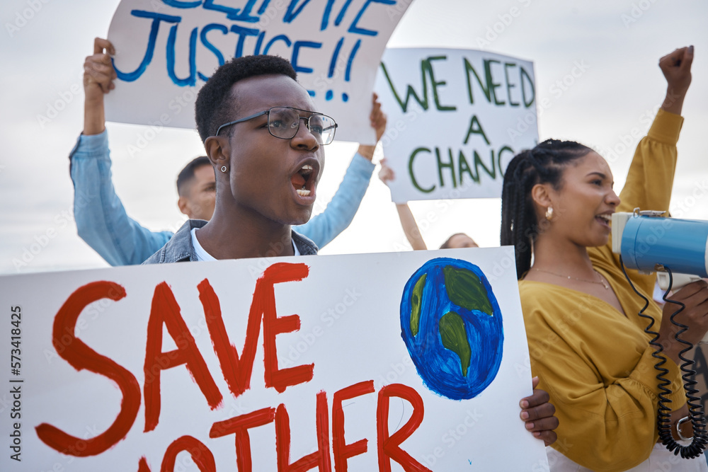 Climate change, protest poster and black man scream for freedom ...
