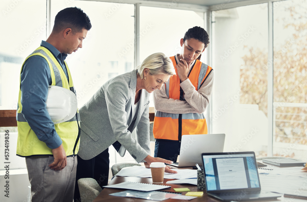 Engineering, teamwork and planning with blueprint in office for ...