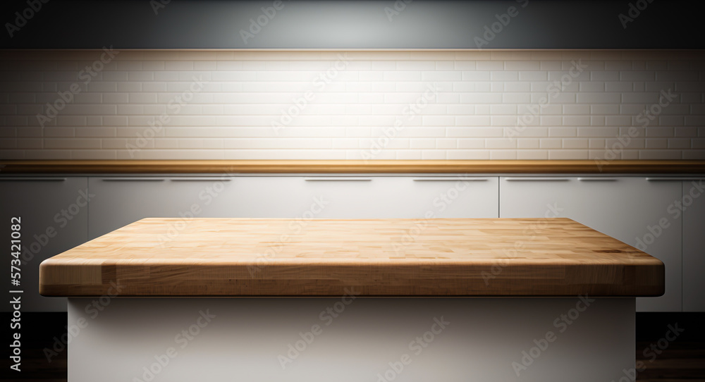 Selective focus.Wood table top or counter island in kitchen room ...