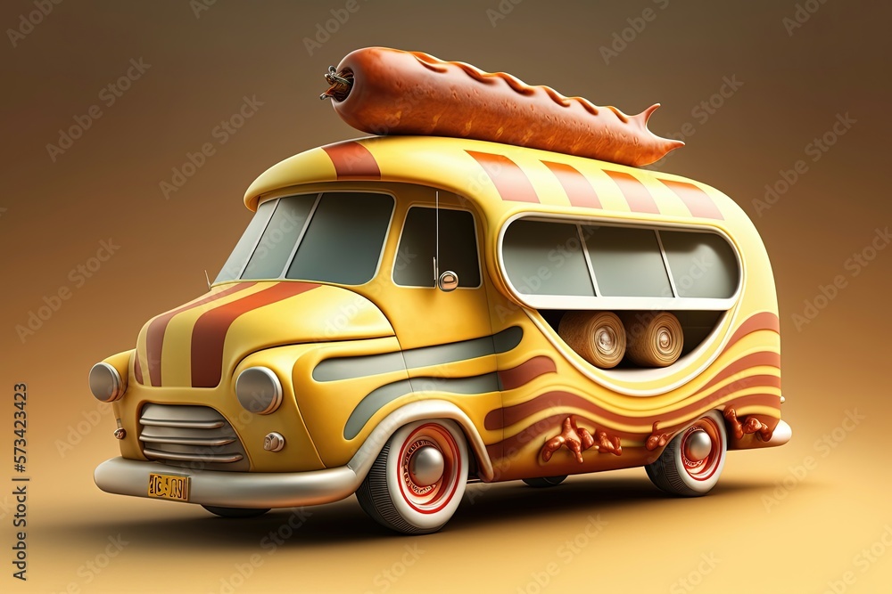 3D Hot Dog Delivery. Fast food hot dog car. Mascot hot dog car design ...