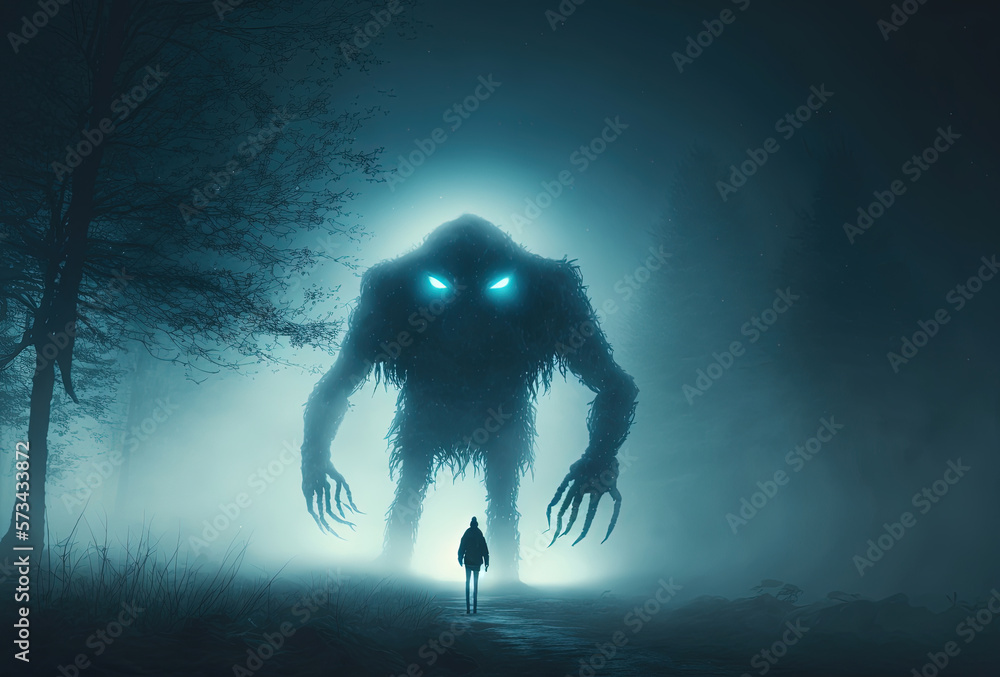 Scary alien monster in the misty night forest. The creepy silhouette of ...