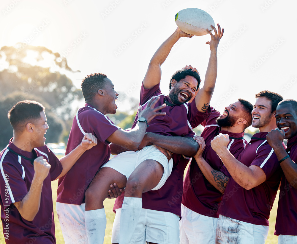 Sports, winner and rugby team with ball in celebration for winning ...