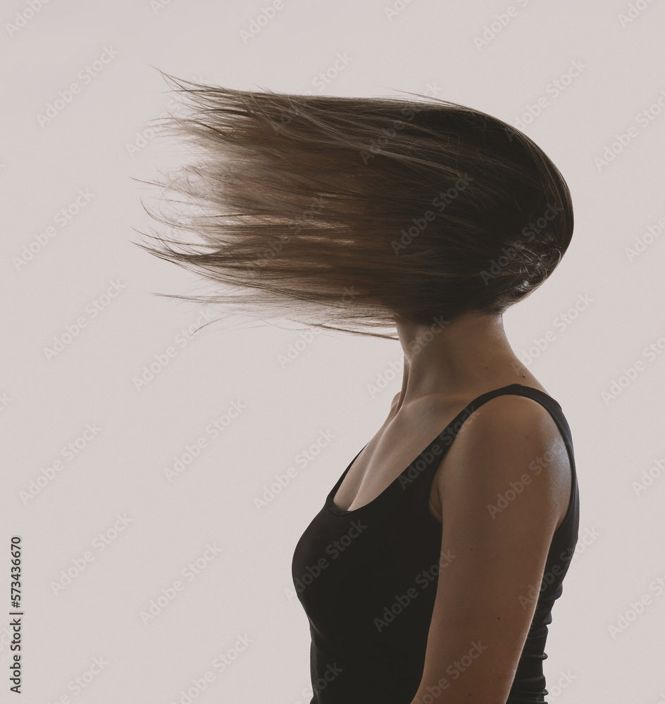 Beauty and fashion concept. Abstract woman portrait with blowing hair ...