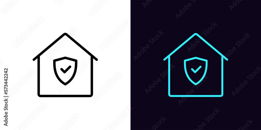 Outline home icon, with editable stroke. House frame with shield and ...