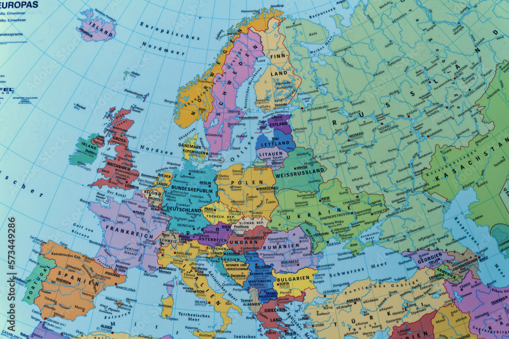 Top view of colorful map of Europe with countries, cities and rivers ...