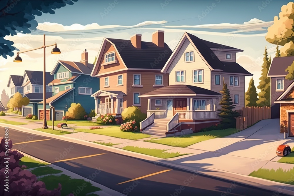 cartoon illustration, suburban street with houses, roads and house ...