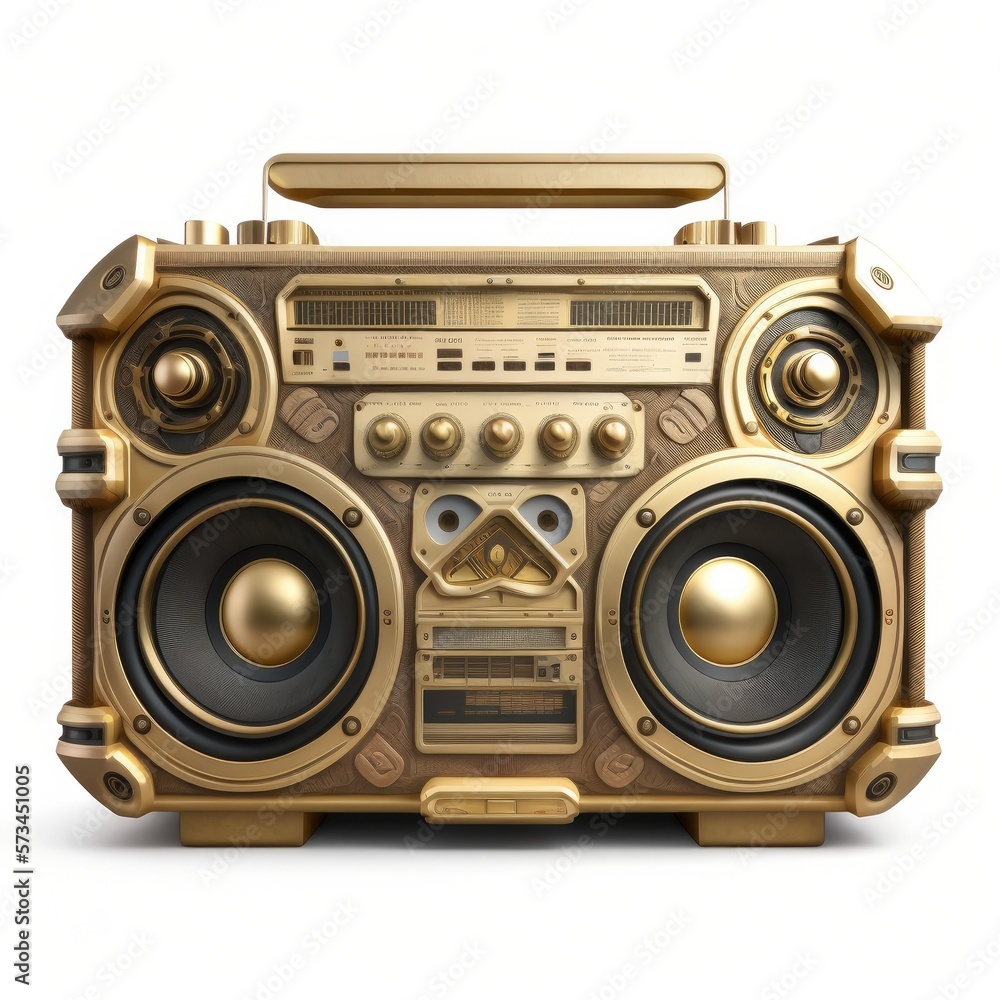 Gold retro stereo boombox radio design concept isolated on white ...