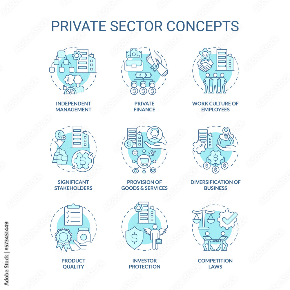 Private sector turquoise concept icons set. Business ownership ...
