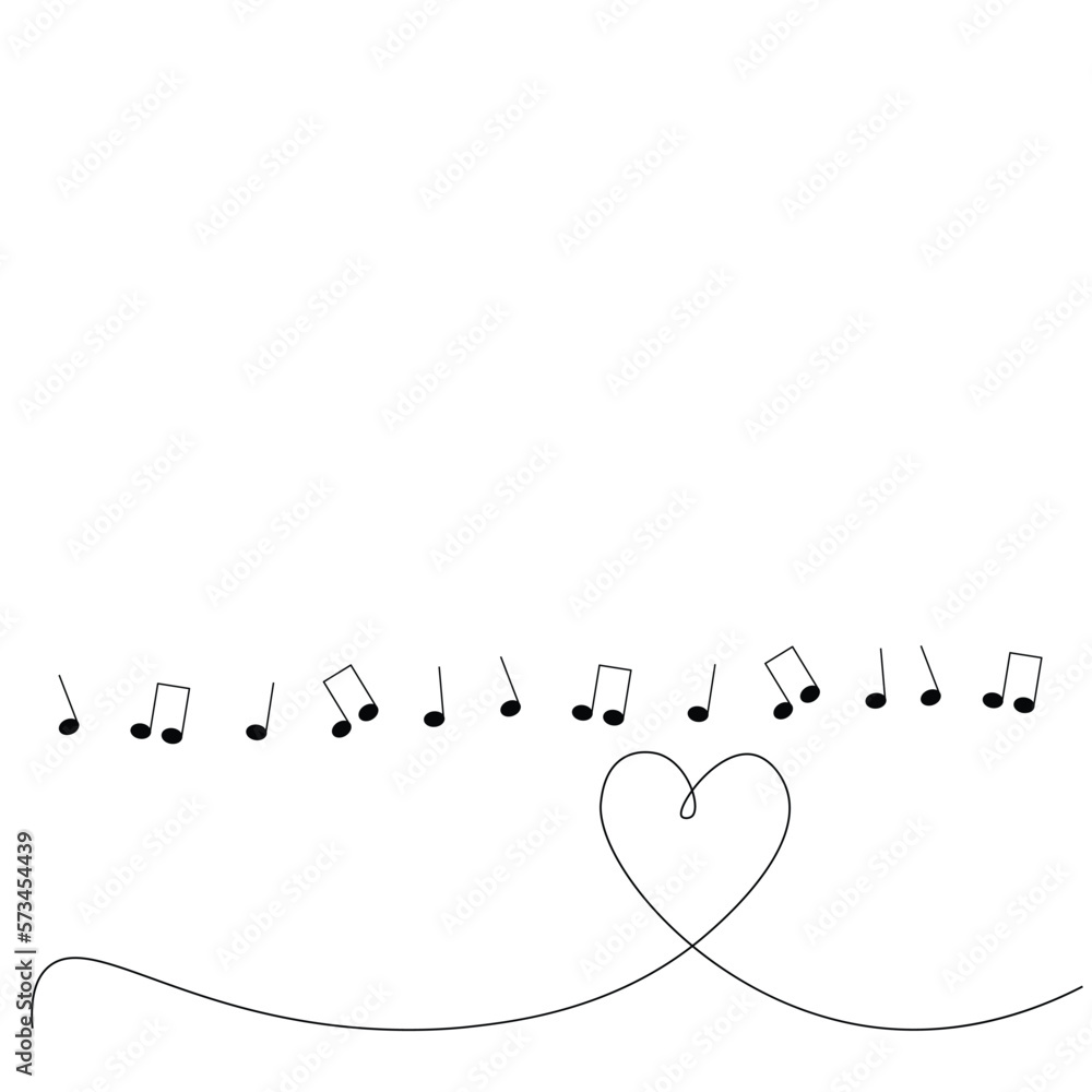 Music notes love heart line drawing on white background vector ...