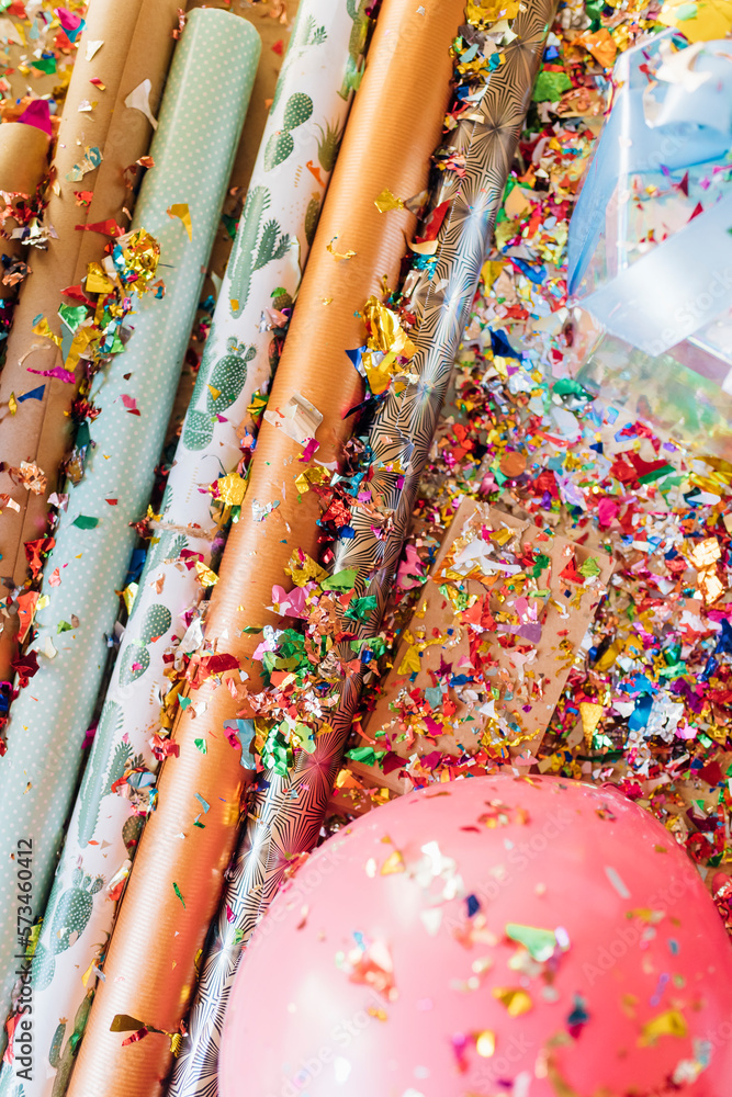 Wrapping paper with confetti and balloons Stock Photo | Adobe Stock