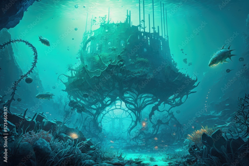 An underwater city with bioluminescent flora and fauna. Futuristic ...