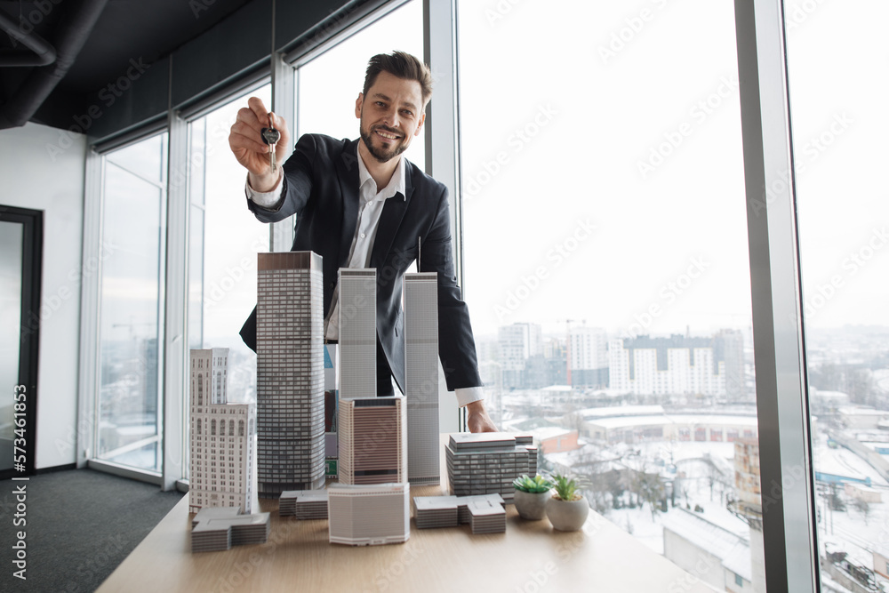 Focus on face of real estate manager homeowner businessman banker ...