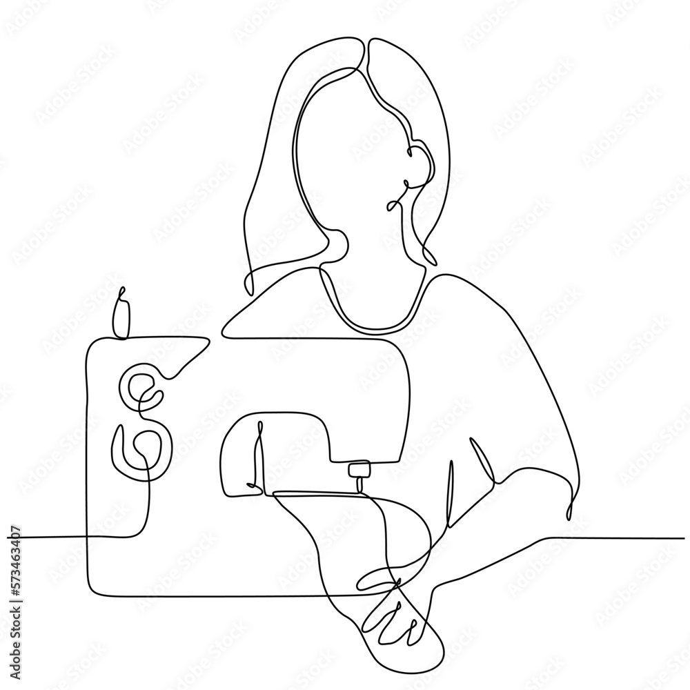 Vetor de continuous single line drawn woman sewing behind hand drawn ...