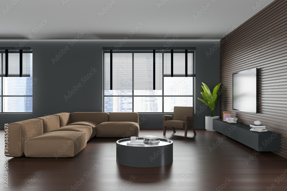 Modern living room interior with couch and tv screen, decor and ...