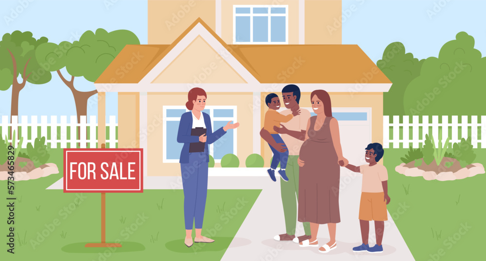 Realtor showing two story home to large family flat color vector ...