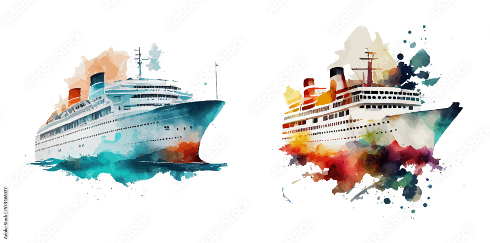 Colorful cruise liner in a watercolor style on a white background ...