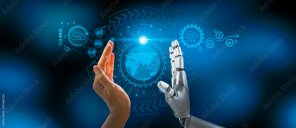 Robot hand about to touch human hand embracing earth icon. new technology in the future of the ...
