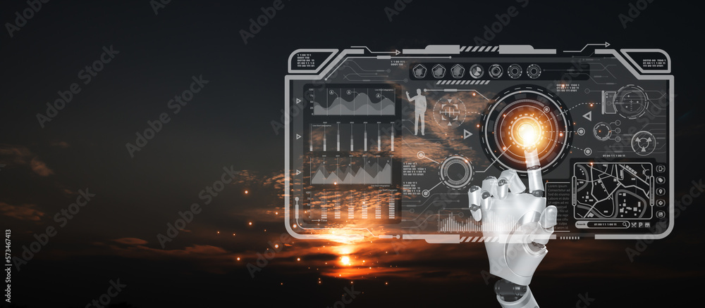 Robot finger touch screen and light display security system icon 3D ...