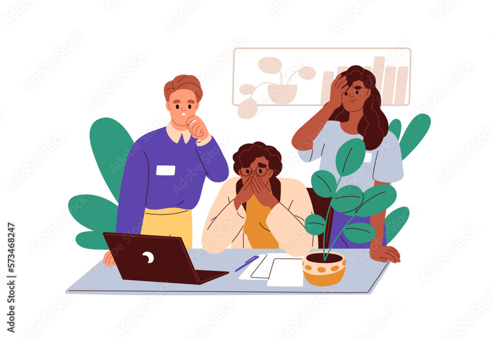 Office workers, employees looking at computer at desk, reading bad news ...