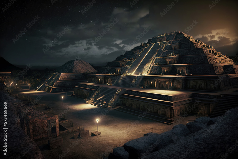 Great pyramid of Maya at night, fantasy view of ancient ruins in Middle ...