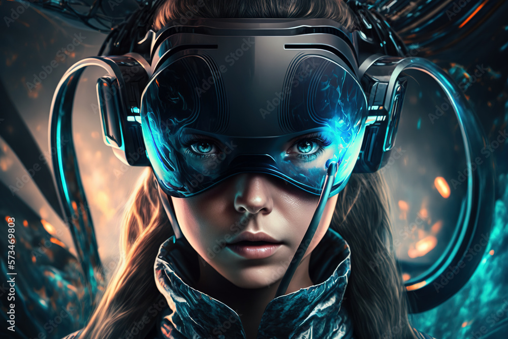 Metaverse, fashion and cyber World concept, girl uses futuristic ...