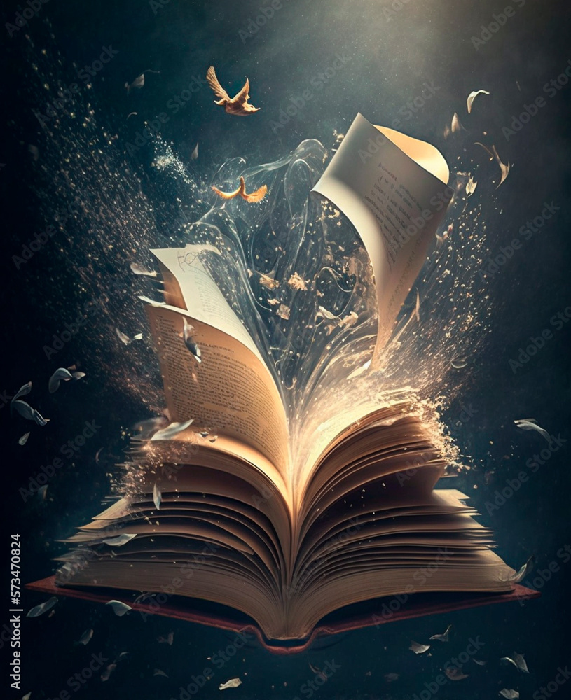 Illustration of a mystical magical book with flying leaves and letters ...