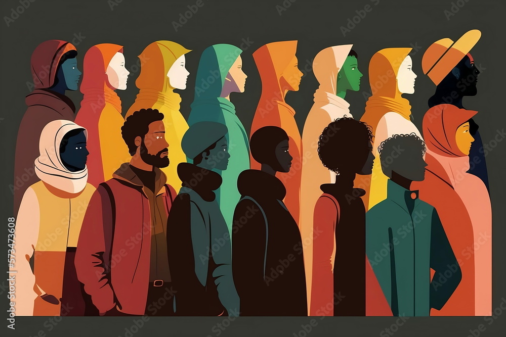 Silhouettes of people show cultural diversity, one group, same humans ...