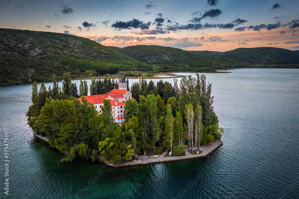 Visovac, Croatia - Aerial view of Visovac Christian monastery island in ...