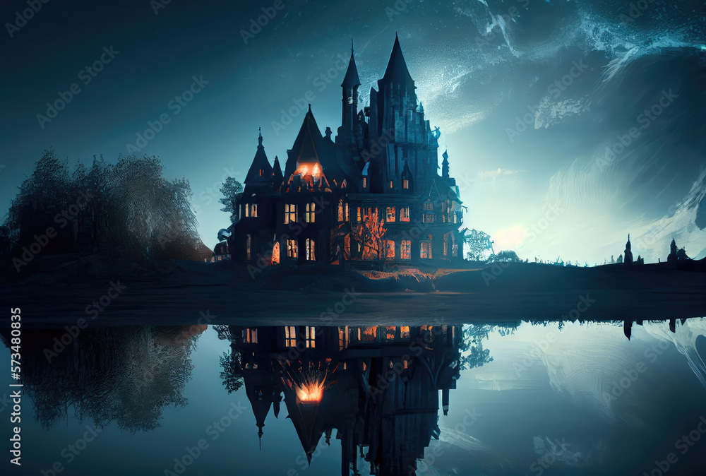 Haunted house old abandoned spooky castle on the lake island. Halloween ...