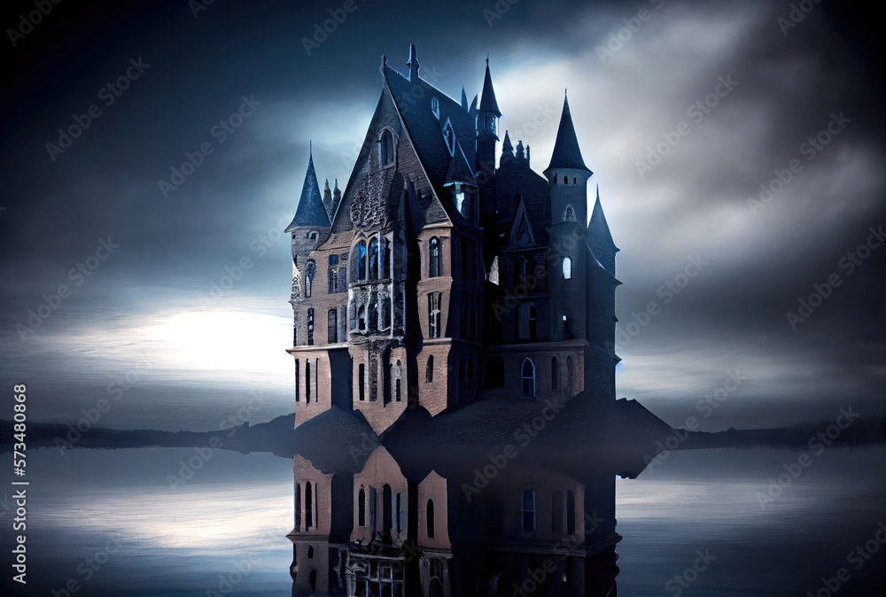 Haunted house old abandoned spooky castle on the lake island. Halloween ...