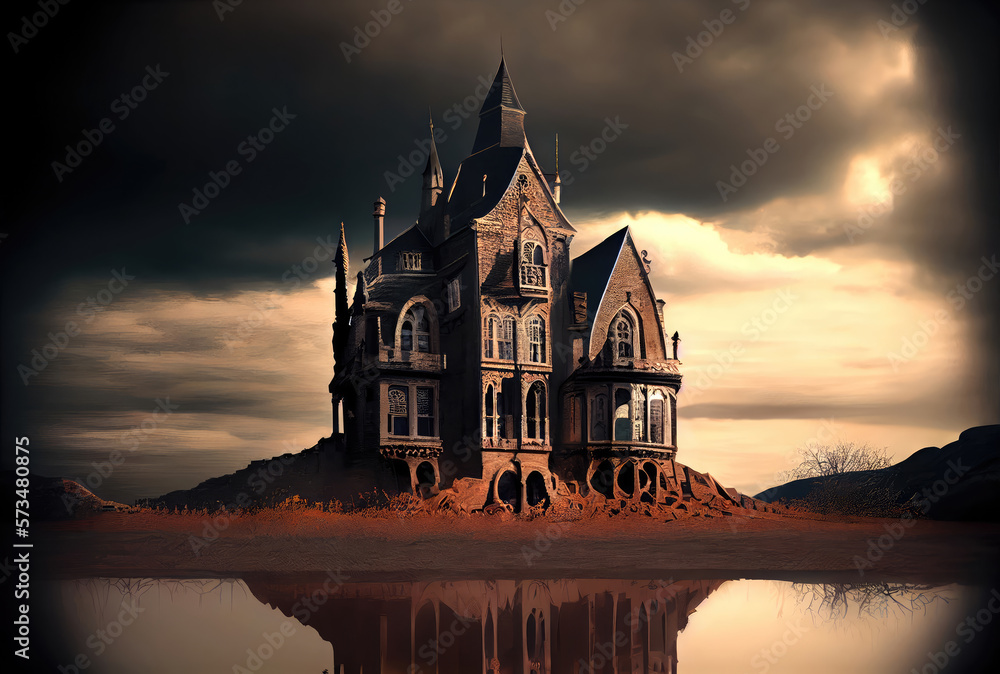 Haunted house old abandoned spooky castle on the lake island. Halloween ...