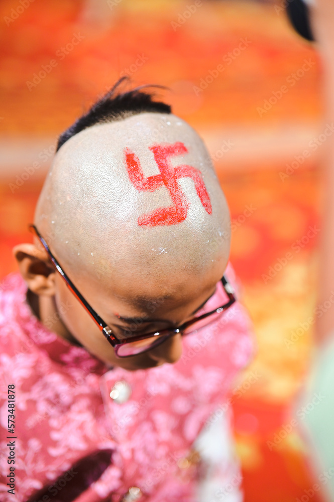 Hindu Red Swastik Sign in the head of Boy. Upanayana Ceremony for hindu ...