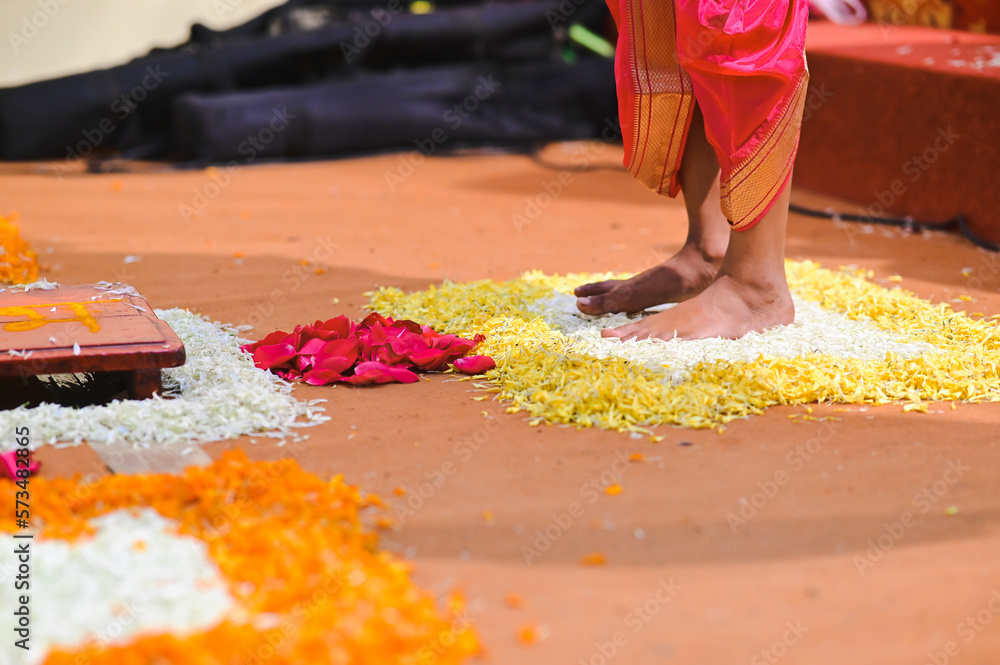 Carpet from flowers petals for Upanayana Ceremony. Maunj Ceremony. Boy ...