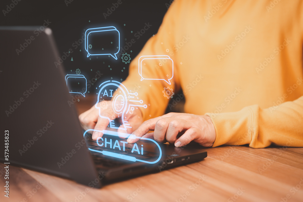 ChatGPT Chat with AI, Artificial Intelligence. Adult man chatting with a smart AI or artificial ...