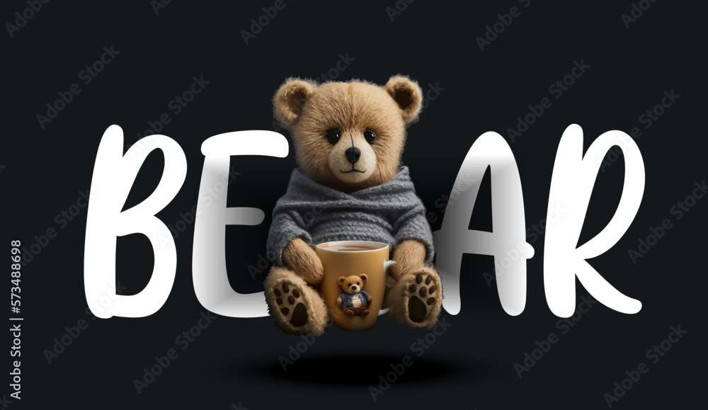 Cute teddy bear with hot coffee cup. Funny charming illustration of a ...