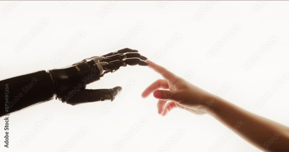 Humanoid Robot Arm Touches Child's Human Hand. Humanity and Artificial ...