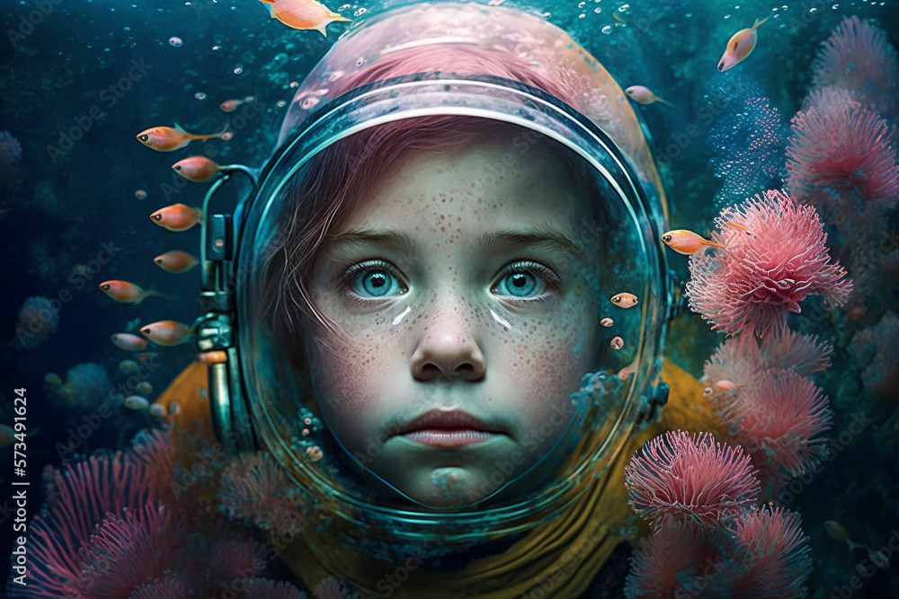 Generative AI portrait illustration of child exploring the Ocean with a ...