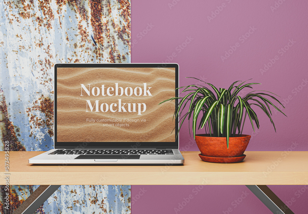 White Laptop Mockup Front View on a Desk Stock Template | Adobe Stock