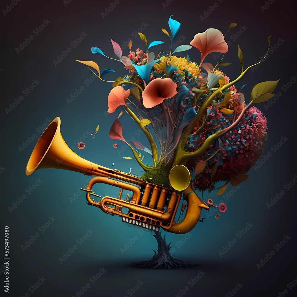 Imaginative fantasy-like trumpet concept with exotic flowers and leaves ...