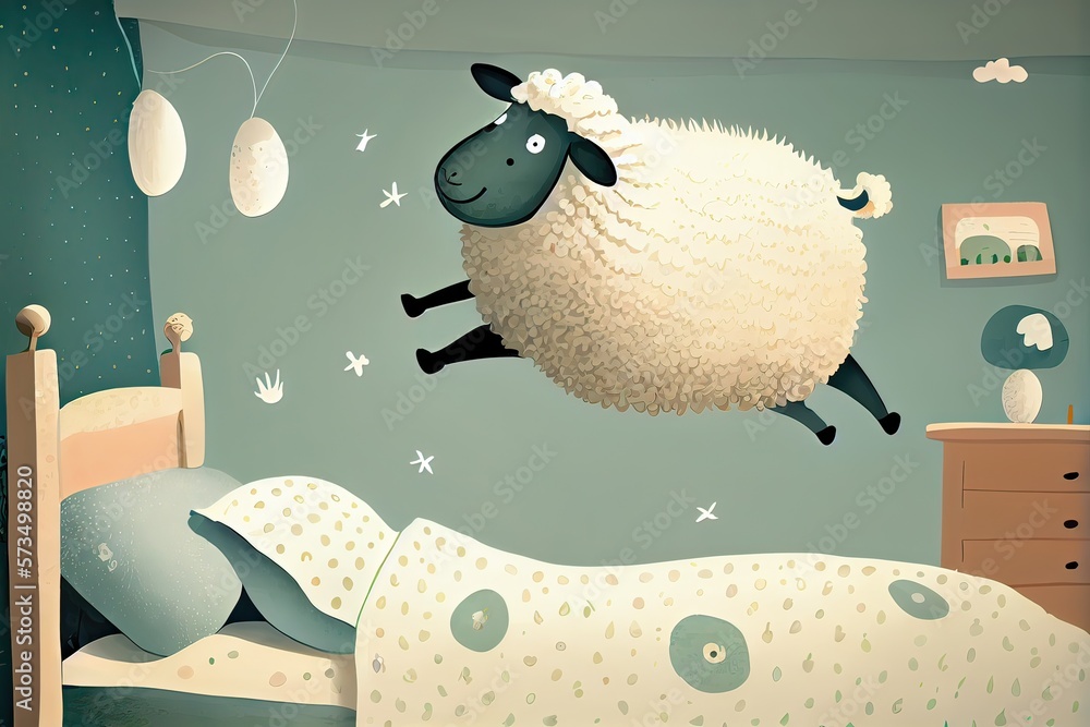 Funny sheep jumping over a bed, cartoon style, generative AI Stock ...