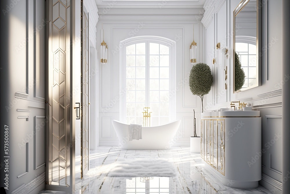 Nice cozy new modern bathroom interior with a shower, bathub, marble ...