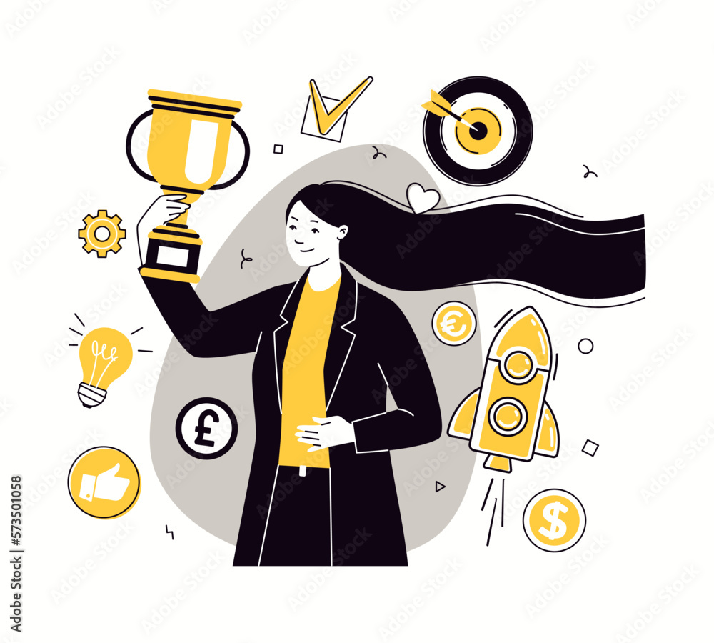 Happy champion, winner holding golden cup. Business Leadership. Vector ...