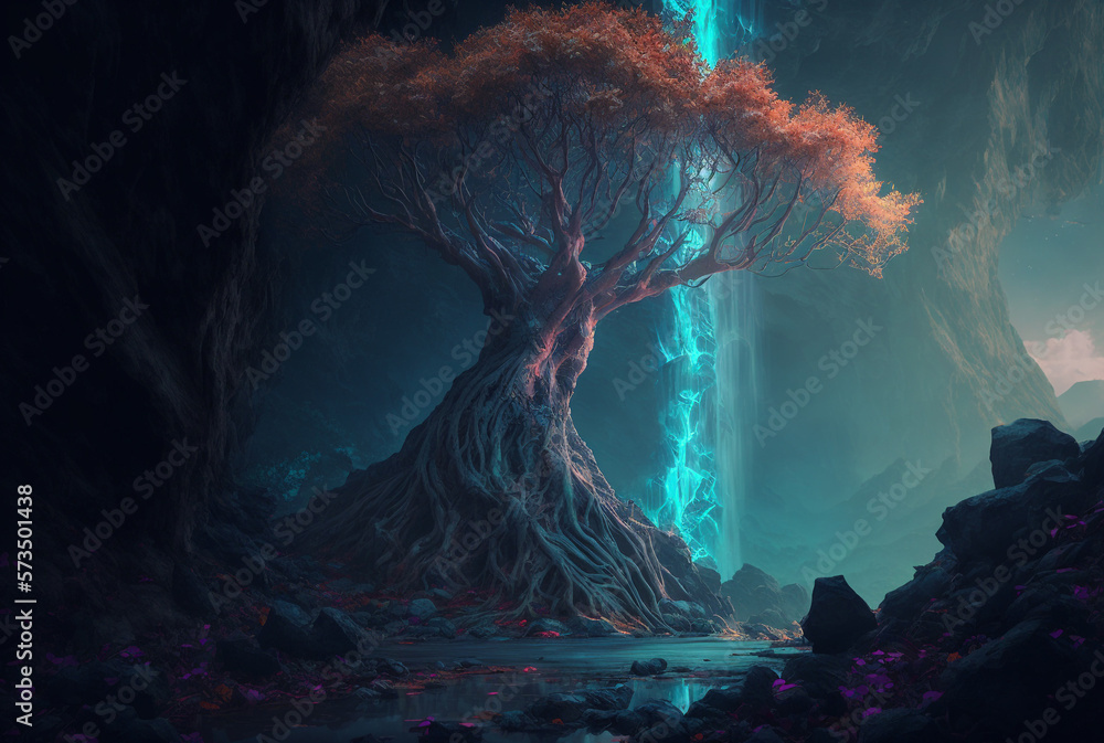 Giant magical tree in an enchanted land. Created with Generative AI ...