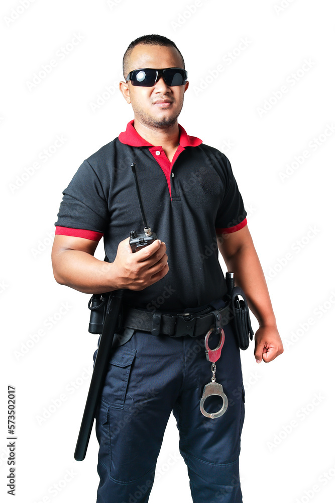 Security guards wear dark glasses. stand holding a radio There are ...