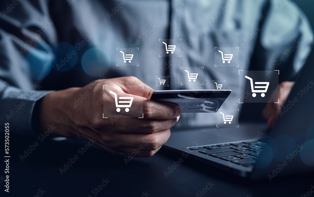 Shopping online payment E-commerce concept. Man hand using smart phone ...