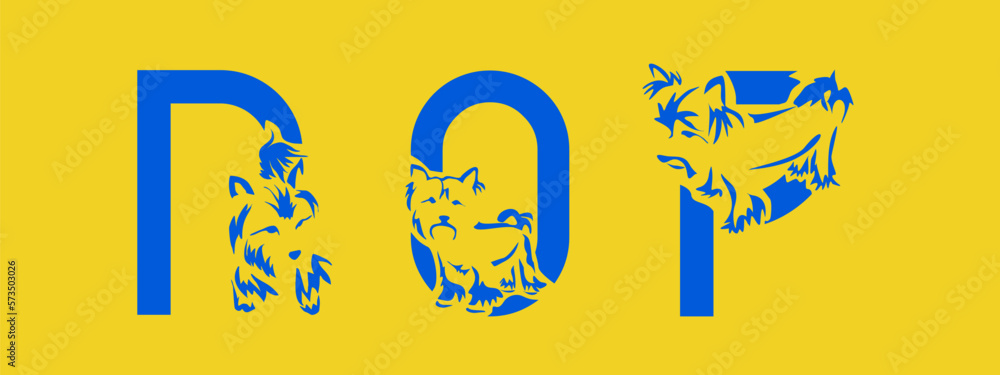 Set of letters N, O, P with Yorkshire terrier. Unusual decorative ...