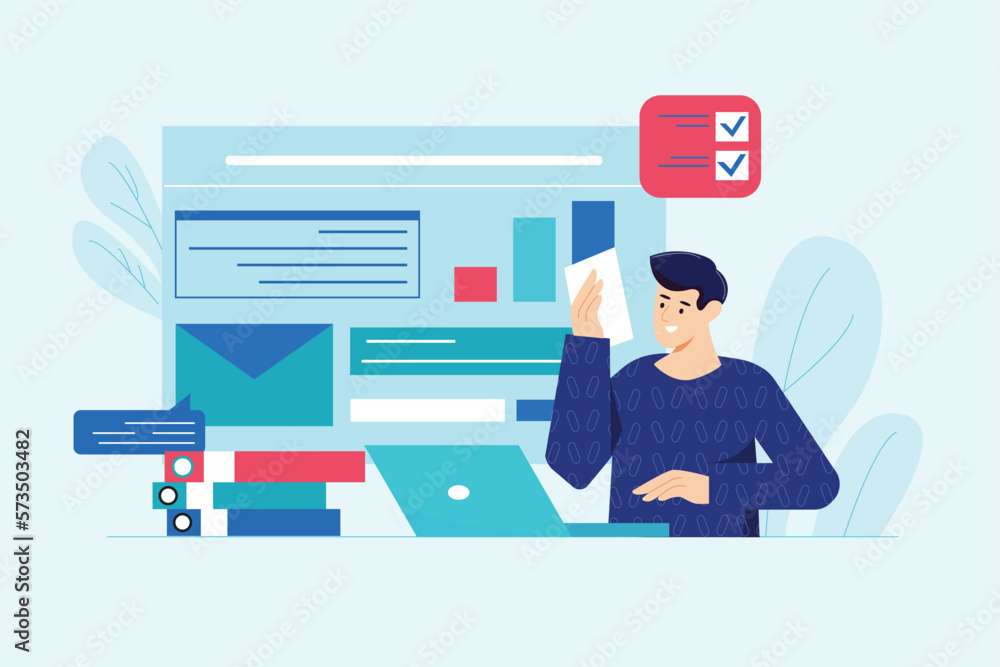 Work flow blue concept with people scene in the flat cartoon design ...