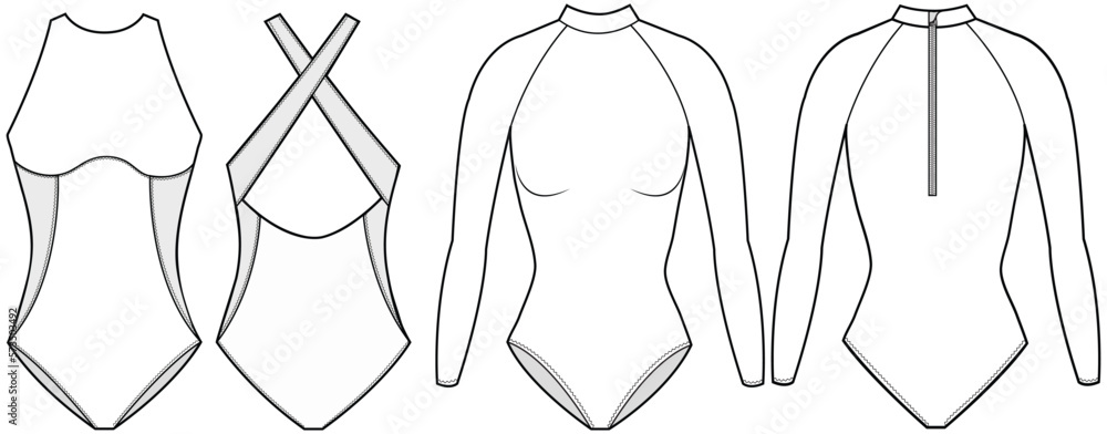 womens swimsuit flat sketch vector illustration front and back view ...