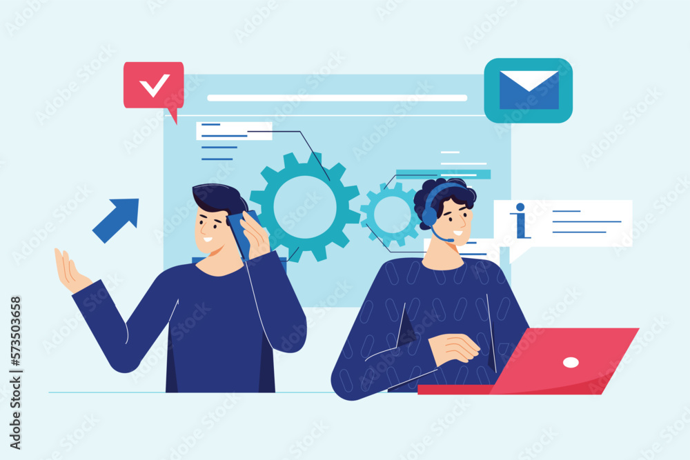 Support blue concept with people scene in the flat cartoon design. Two ...